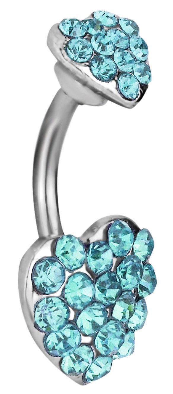 Forbidden Body Jewelry Surgical Steel Aqua Blue Pave Jeweled Double Heart Belly Button Ring