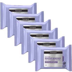 neutrogena night calming cleansing makeup remover face wipes, nighttime facial towelettes to remove sweat, dirt & makeup, leaves skin feeling calm, alcohol-free, 100% plant based cloth, 25 ct