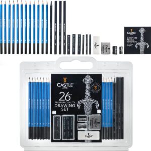 castle art supplies 26 piece premium drawing and sketching set | for artists, professionals or beginners | pencils, charcoal, graphite and more | arranged in carry-anywhere clamshell case