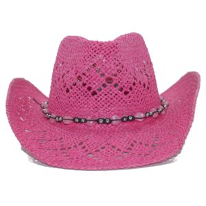 vamuss straw cowboy hat for women with beaded trim and shapeable brim, fuchsia