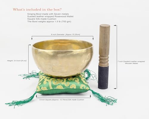 6-Inch Handmade Tibetan Singing Bowl ~ Superb B Crown Chakra Balancing ~ Best use for Meditation, Sound Healing, Cleansing, Mindfulness & Relaxation ~ Cushion & Sueded Leather wooden Mallet included