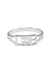 the collegiate standard sterling silver gamma phi beta ring with cut-out letters size 9