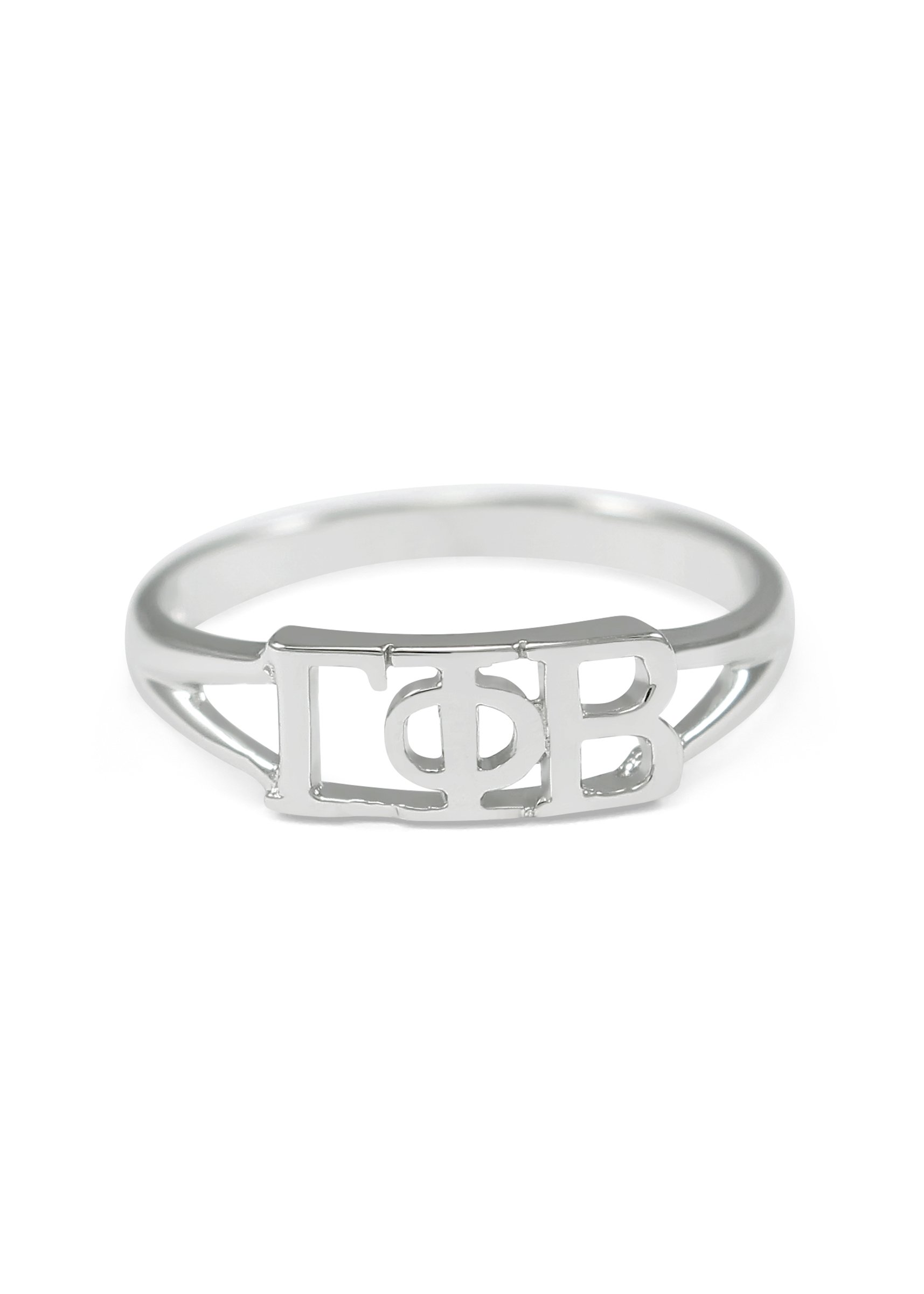 The Collegiate Standard Sterling Silver Gamma Phi Beta ring with cut-out letters size 9