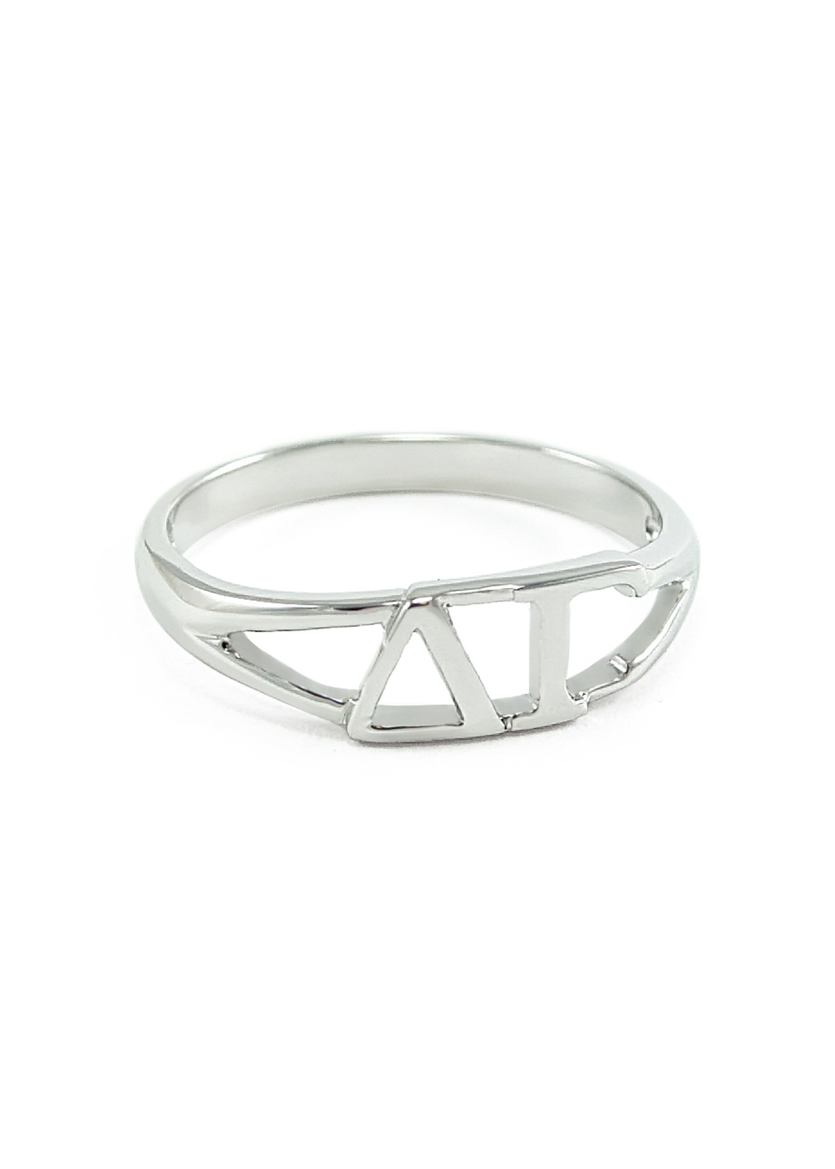 The Collegiate Standard Sterling Silver Delta Gamma ring with cut-out letters size 8