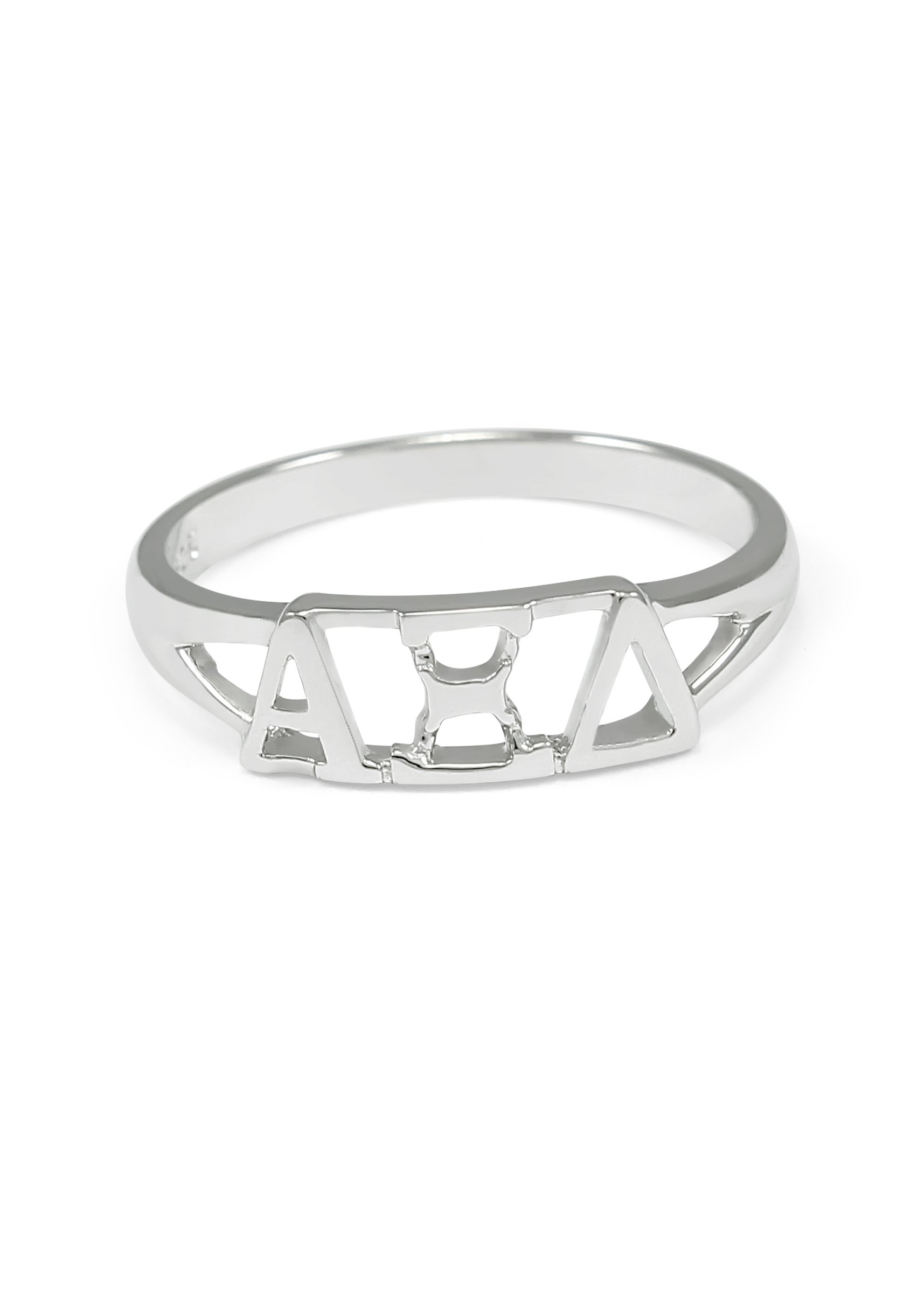 The Collegiate Standard Sterling Silver Alpha Xi Delta ring with cut-out letters size 8