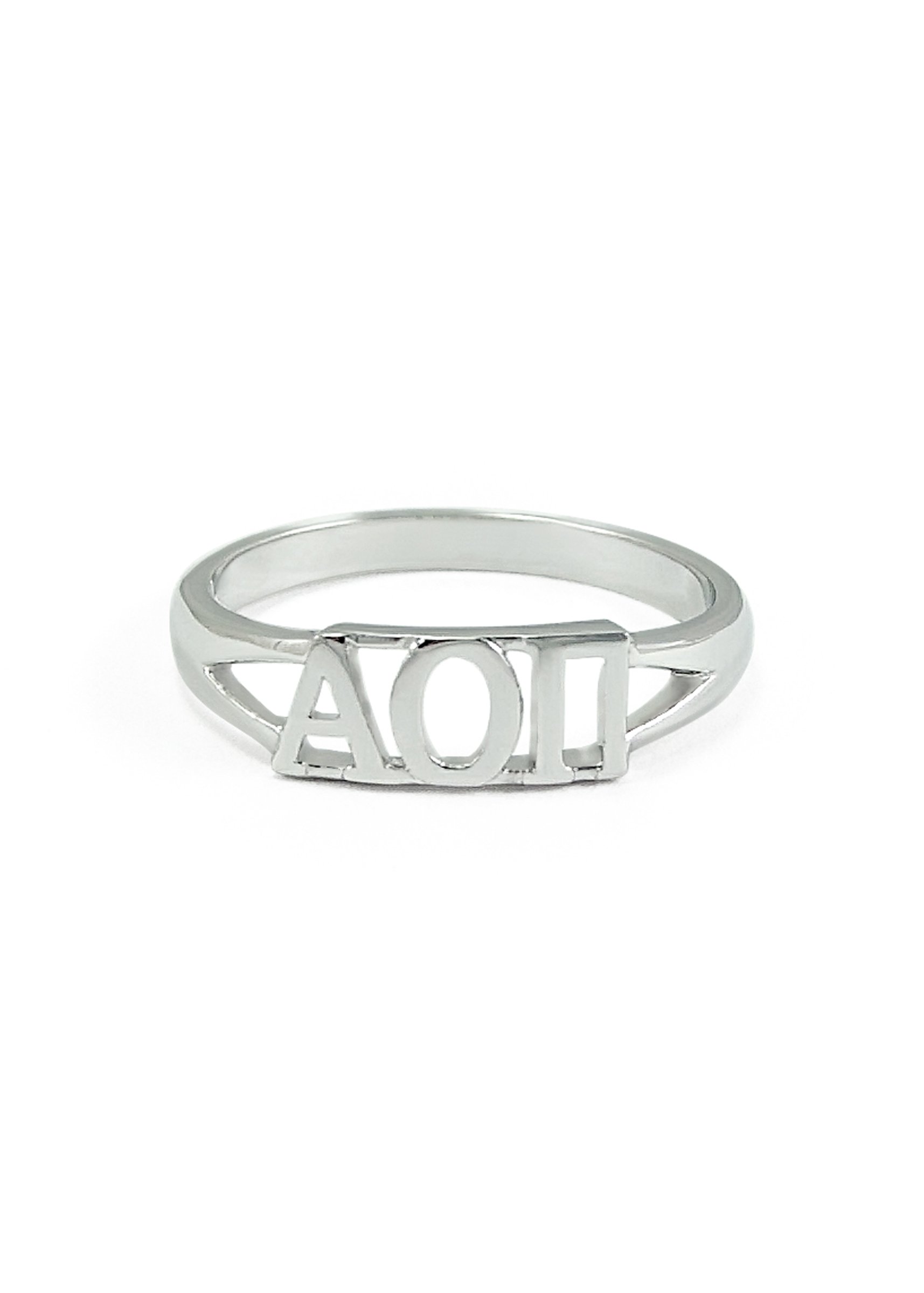 The Collegiate Standard Sterling Silver Alpha Omicron Pi Ring with Cut-out Letters Size 8