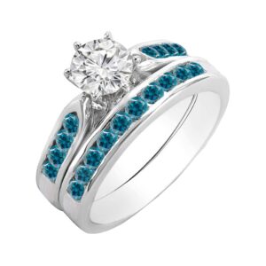 dazzlingrock collection 1.00 carat (ctw) 14k round blue & white diamond wedding ring set 1 ct, white gold, size 7