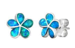 sterling silver plumeria flower stud earrings with simulated blue opal (8 millimeters)