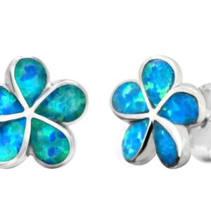 Sterling Silver Plumeria Flower Stud Earrings with Simulated Blue Opal (8 Millimeters)