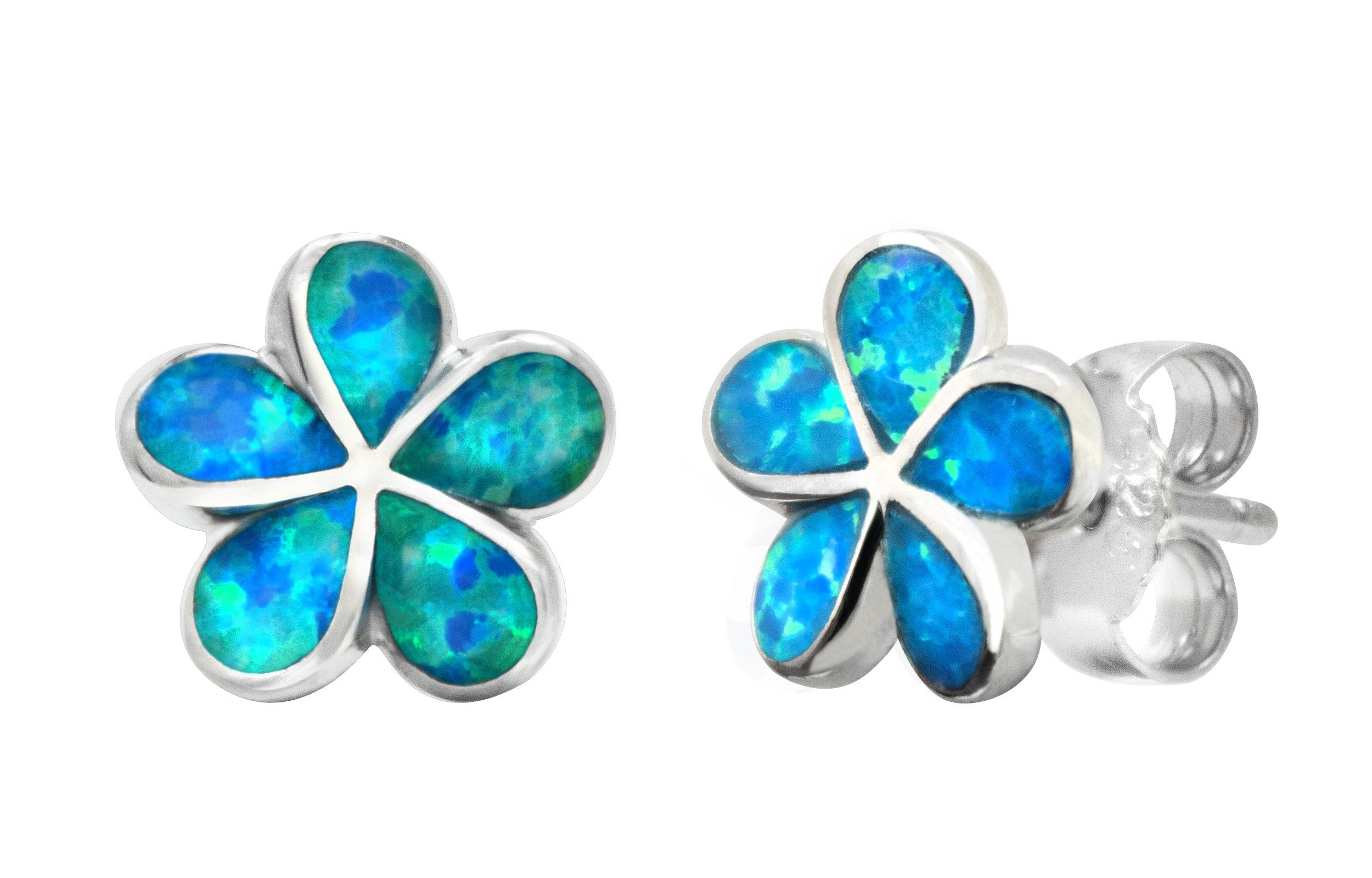 Sterling Silver Plumeria Flower Stud Earrings with Simulated Blue Opal (8 Millimeters)