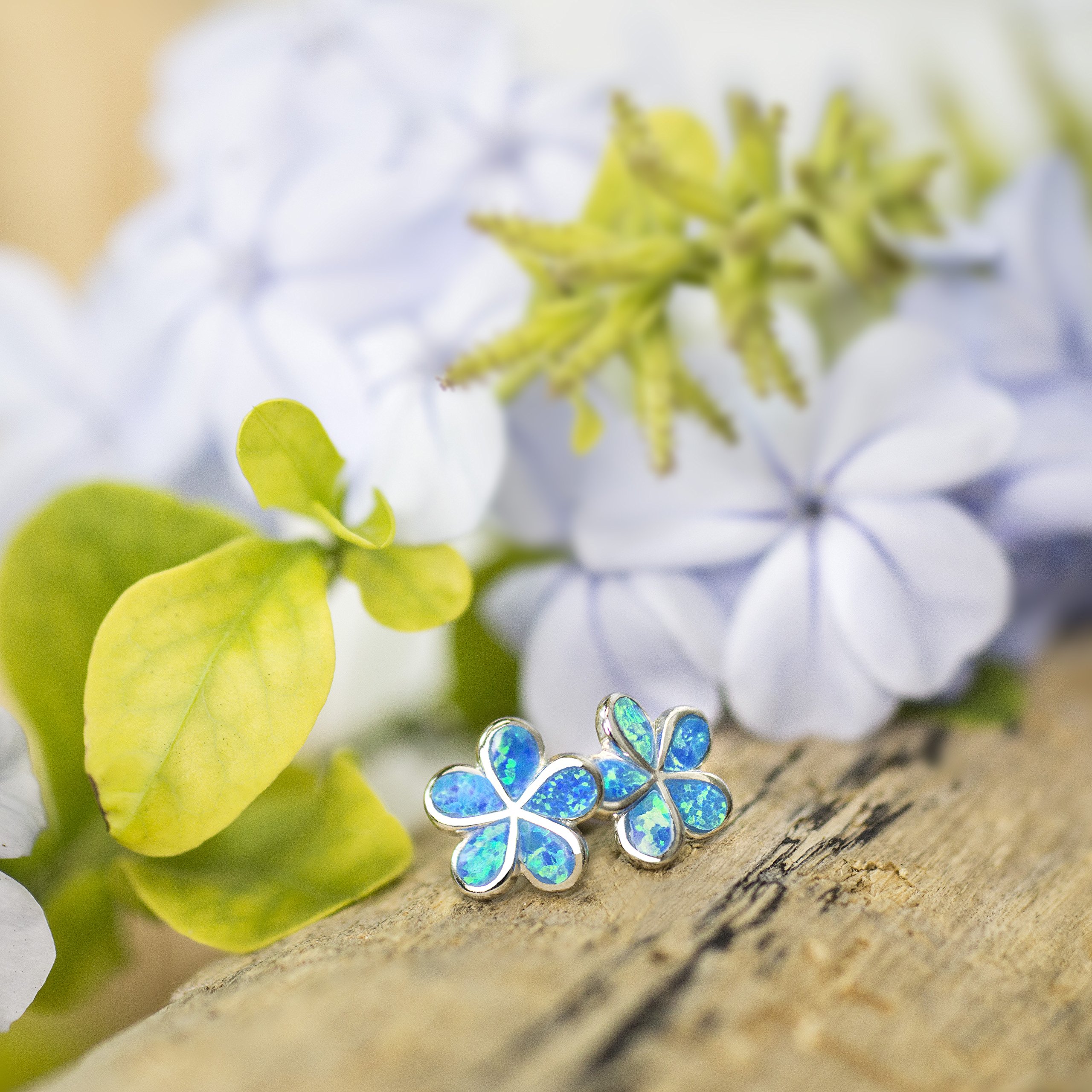 Sterling Silver Plumeria Flower Stud Earrings with Simulated Blue Opal (8 Millimeters)