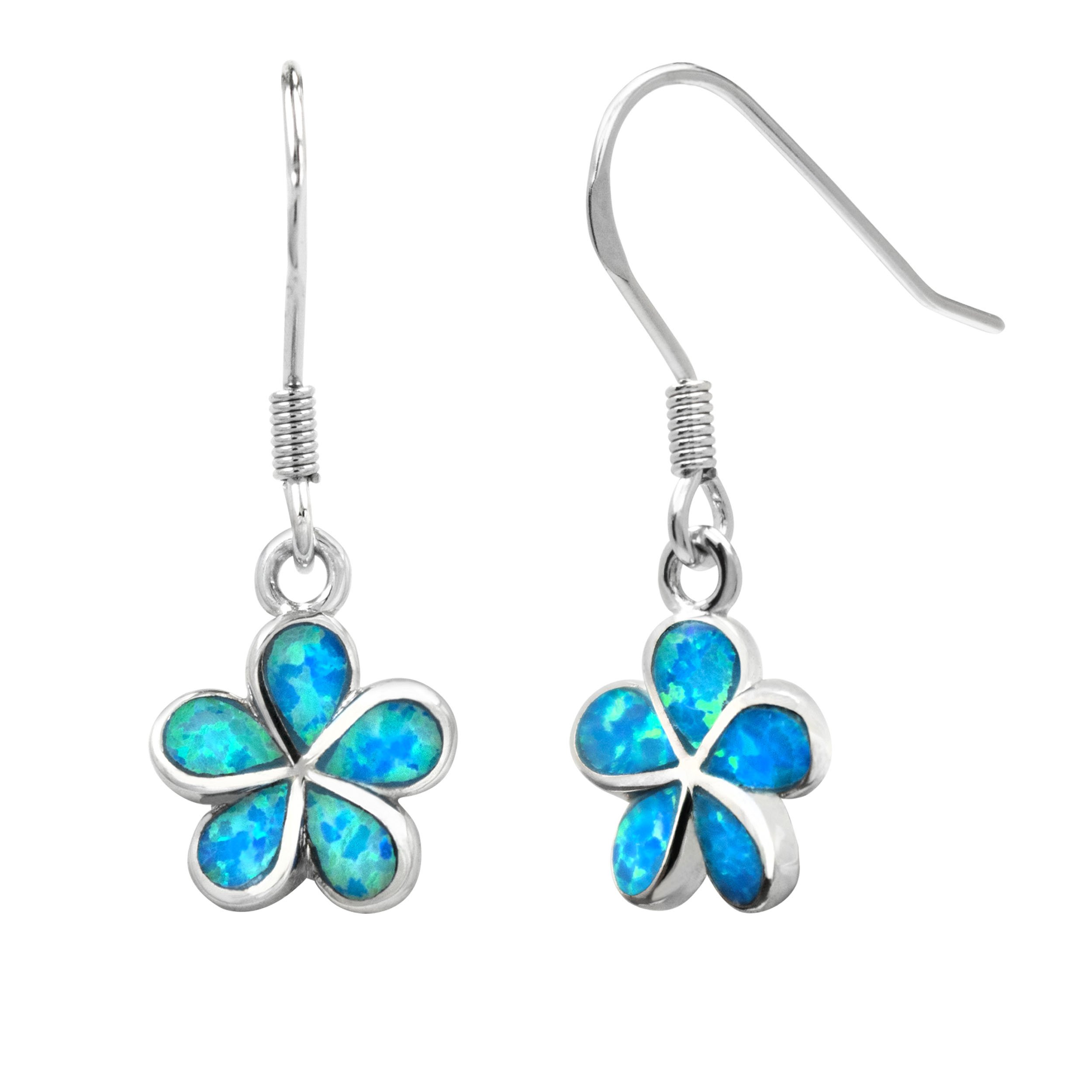 Sterling Silver Plumeria Flower Hook Earrings with Simulated Blue Opal (11 Millimeters)