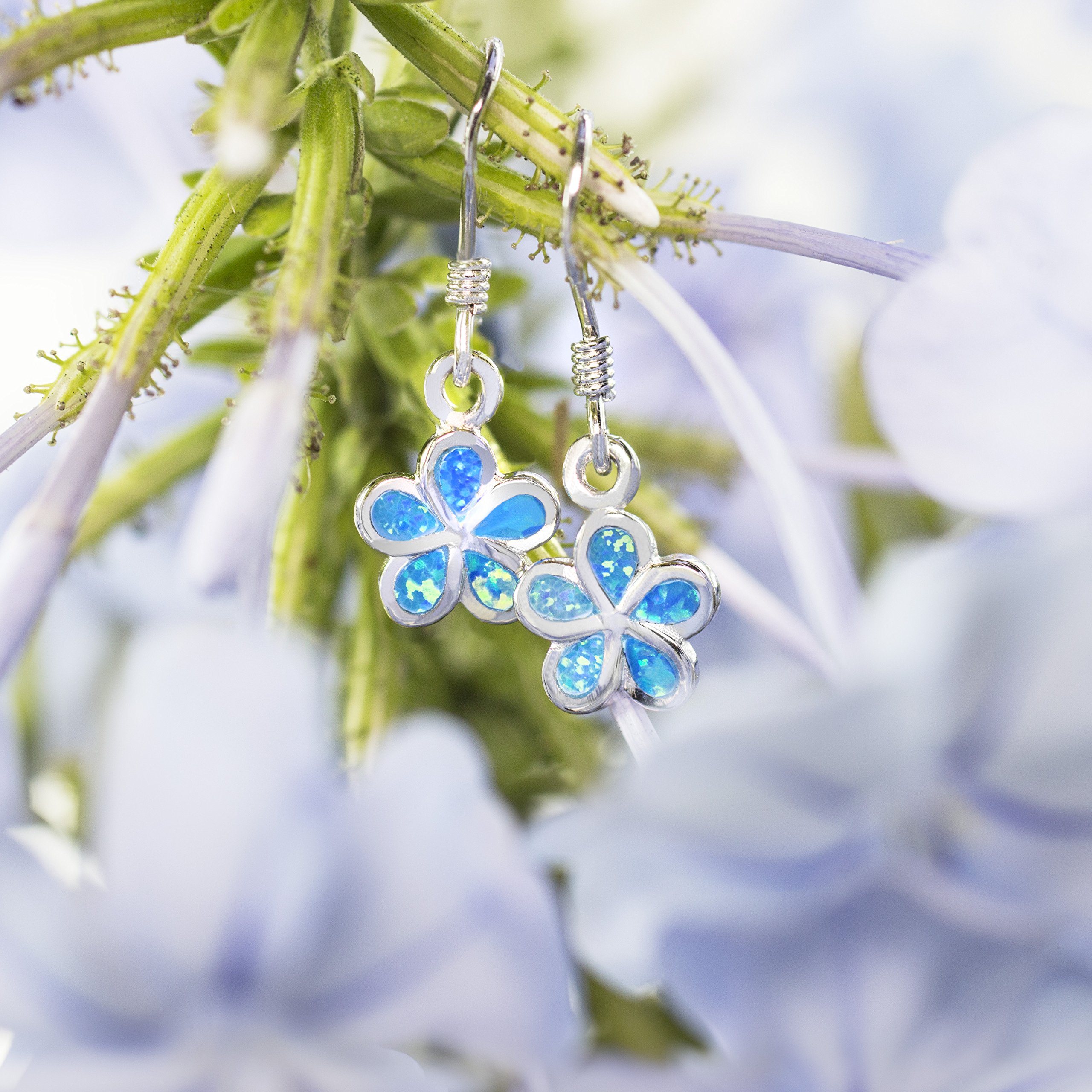 Sterling Silver Plumeria Flower Hook Earrings with Simulated Blue Opal (11 Millimeters)