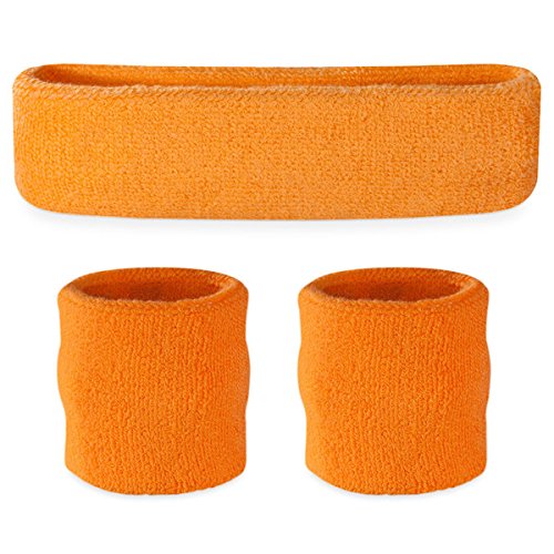 Suddora Sweatbands Set, Moisture Wicking 2 Wristbands and 1 Headband, Breathable Terry Cloth Athletic Bands for Basketball, Tennis, Yoga, Gym, Sweat Bands for Costumes and Cosplay, Neon Orange