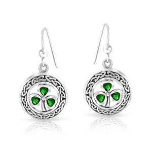 Irish Triquetra Celtic Knot Disc Circle Good Luck Shamrock Clover Dangle Earrings Simulated Kelly Green Emerald CZ Oxidized .925 Sterling Silver