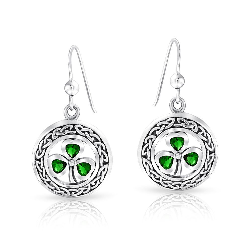 Irish Triquetra Celtic Knot Disc Circle Good Luck Shamrock Clover Dangle Earrings Simulated Kelly Green Emerald CZ Oxidized .925 Sterling Silver