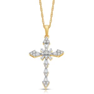 jewelili cross pendant necklace in 10k yellow gold with 1/2 cttw natural white round and baguette diamonds 18" rope chain