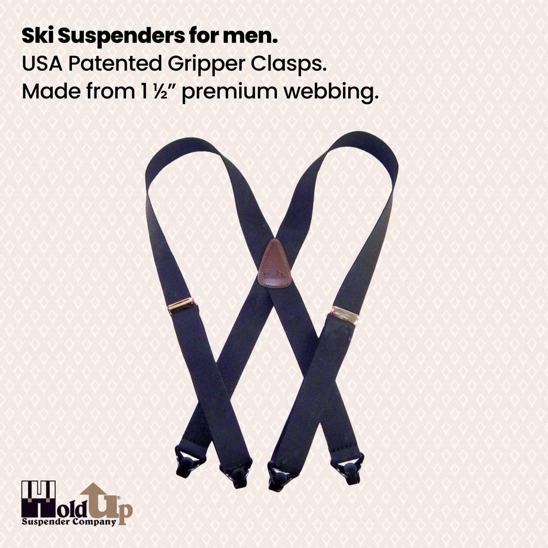 Hold Up Suspenders for Men - Ski-Ups Mens Black 1 1/2" Heavy Duty Suspenders for Men with USA Patented Black Composite Plastic Heavy Duty Gripper Clasps - Versatile and Durable Ski Suspenders