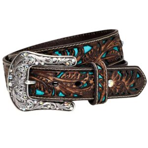 ariat women's blue inlay floral bling belt, brown, large