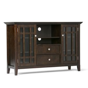 simplihome bedford solid wood 53 inch wide transitional tv media stand in dark tobacco brown for tvs up to 60 inches, for the living room and entertainment center