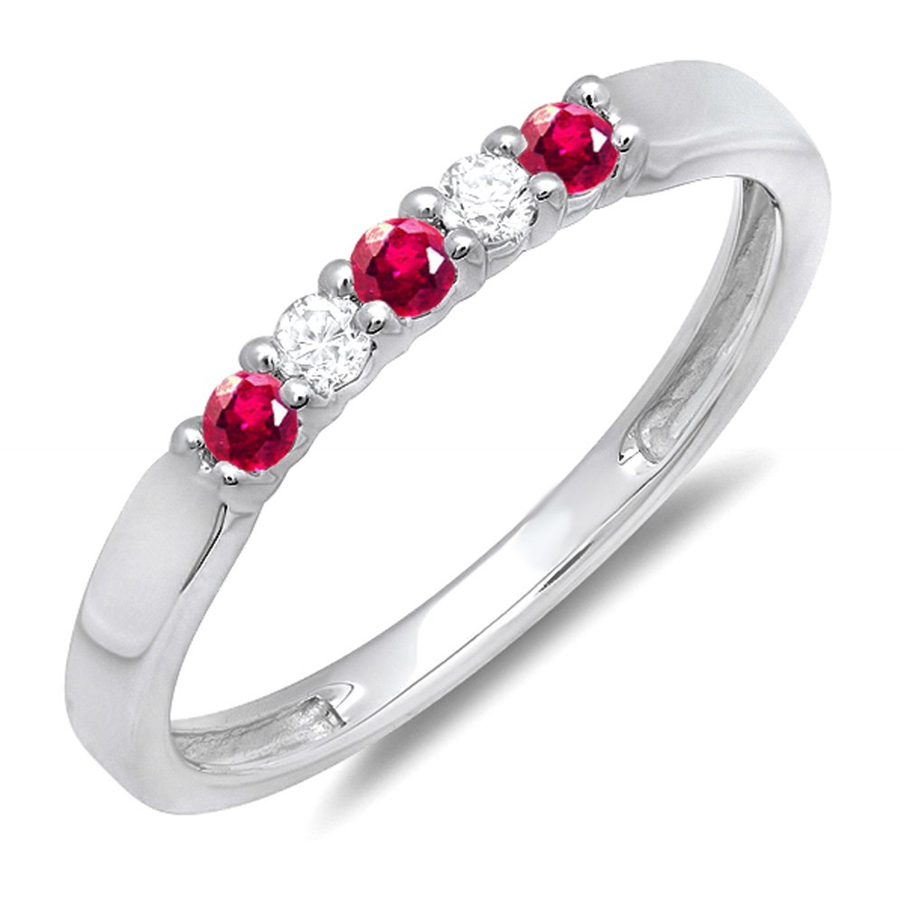 Dazzlingrock Collection 14K Round Ruby And White Diamond 5 Stone Ladies Anniversary Wedding Band Ring, White Gold, Size 7