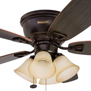 Honeywell Ceiling Fans Glen Alden, 52 Inch Classic Flush Mount Indoor LED Ceiling Fan with Light, Pull Chain, Quick-2-Hang Dual Finish Blades, Reversible Motor - 50183 (Oil Rubbed Bronze)