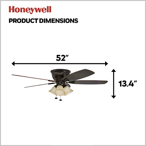 Honeywell Ceiling Fans Glen Alden, 52 Inch Classic Flush Mount Indoor LED Ceiling Fan with Light, Pull Chain, Quick-2-Hang Dual Finish Blades, Reversible Motor - 50183 (Oil Rubbed Bronze)