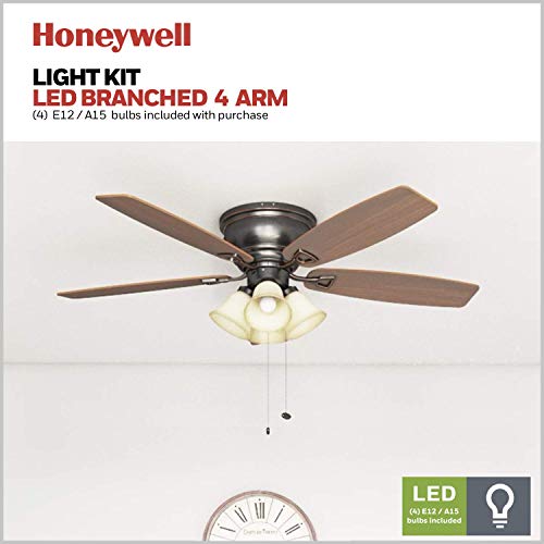 Honeywell Ceiling Fans Glen Alden, 52 Inch Classic Flush Mount Indoor LED Ceiling Fan with Light, Pull Chain, Quick-2-Hang Dual Finish Blades, Reversible Motor - 50183 (Oil Rubbed Bronze)