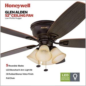 Honeywell Ceiling Fans Glen Alden, 52 Inch Classic Flush Mount Indoor LED Ceiling Fan with Light, Pull Chain, Quick-2-Hang Dual Finish Blades, Reversible Motor - 50183 (Oil Rubbed Bronze)