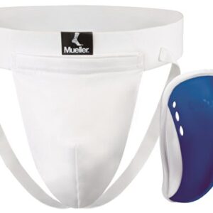 MUELLER Sports Medicine Athletic Supporter with Flex Shield Cup, White/Blue, Youth Large