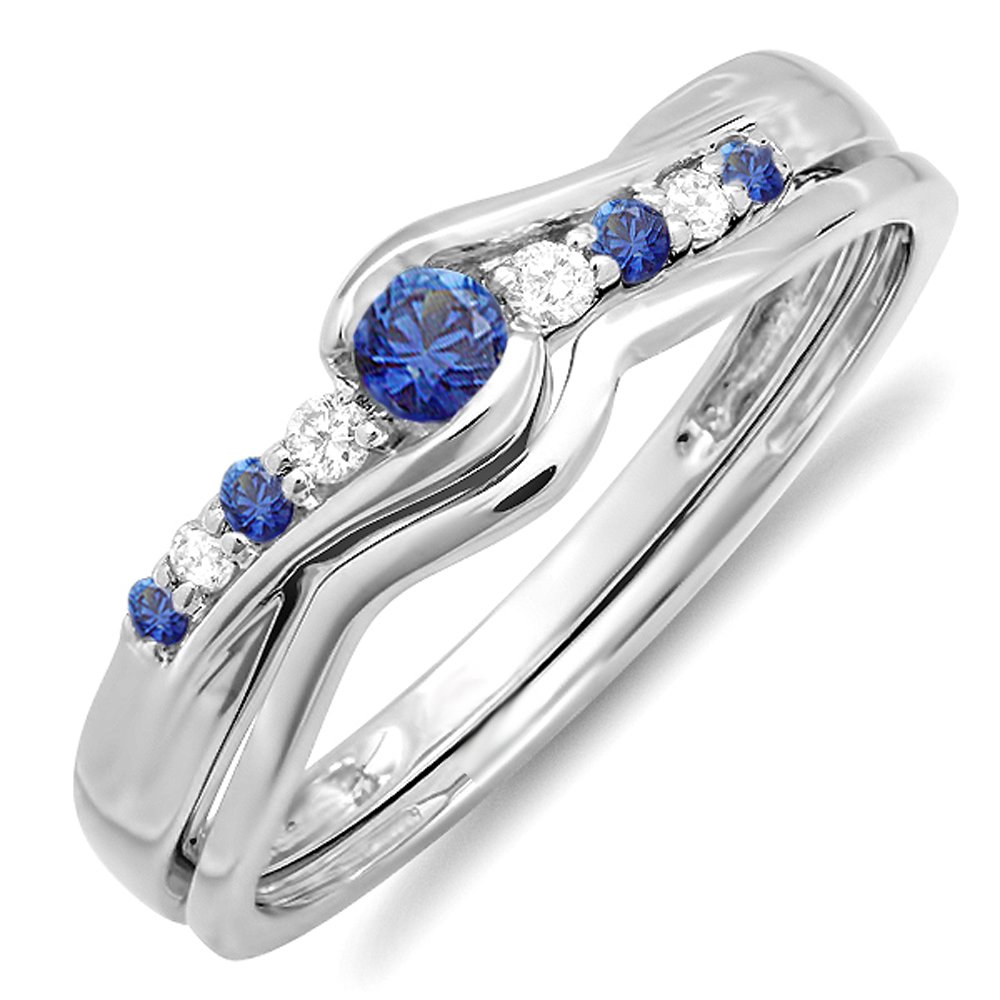 Dazzlingrock Collection 18K Blue Sapphire And White Diamond Women Bridal Engagement Wedding Ring Band Set, White Gold, Size 6.5