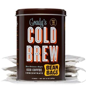 grady's cold brew coffee | original - brewed strong | new orleans style cold brewed coffee concentrate | medium roast gourmet coffee | coffee can | 4 bean bags | 12 servings per can