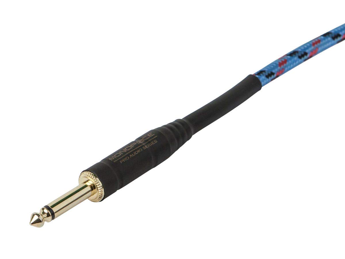 Monoprice 1/4-Inch TS Male to 1/4-Inch Right Angle TS Male Guitar/Instrument Cable - 10 Feet, Blue, 20AWG, Braided Jacket, Gold Plated - Cloth Series