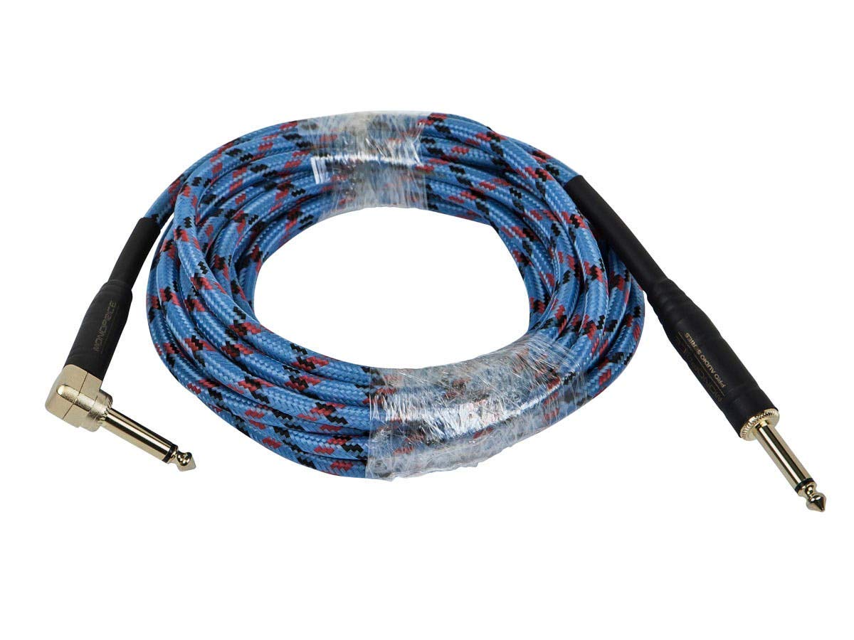 Monoprice 1/4-Inch TS Male to 1/4-Inch Right Angle TS Male Guitar/Instrument Cable - 10 Feet, Blue, 20AWG, Braided Jacket, Gold Plated - Cloth Series