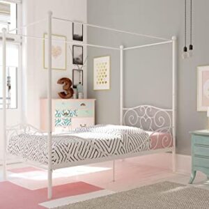 DHP Metal Canopy Kids Platform Bed with Four Poster Design, Scrollwork Headboard and Footboard, Underbed Storage Space, No Box Sring Needed, Twin, White