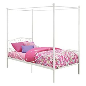 DHP Metal Canopy Kids Platform Bed with Four Poster Design, Scrollwork Headboard and Footboard, Underbed Storage Space, No Box Sring Needed, Twin, White