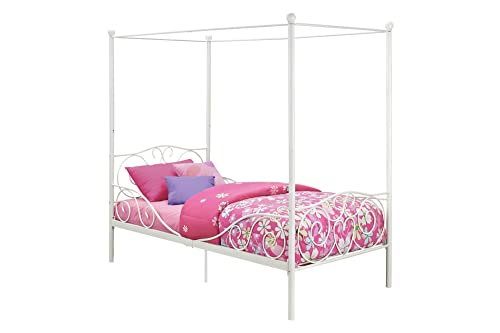 DHP Metal Canopy Kids Platform Bed with Four Poster Design, Scrollwork Headboard and Footboard, Underbed Storage Space, No Box Sring Needed, Twin, White