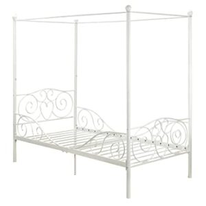 DHP Metal Canopy Kids Platform Bed with Four Poster Design, Scrollwork Headboard and Footboard, Underbed Storage Space, No Box Sring Needed, Twin, White