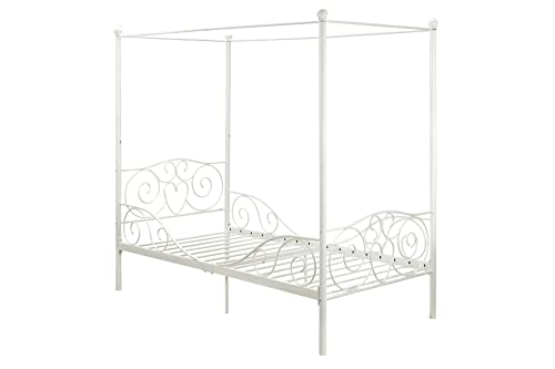 DHP Metal Canopy Kids Platform Bed with Four Poster Design, Scrollwork Headboard and Footboard, Underbed Storage Space, No Box Sring Needed, Twin, White