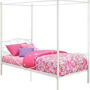 DHP Metal Canopy Kids Platform Bed with Four Poster Design, Scrollwork Headboard and Footboard, Underbed Storage Space, No Box Sring Needed, Twin, White