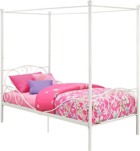 DHP Metal Canopy Kids Platform Bed with Four Poster Design, Scrollwork Headboard and Footboard, Underbed Storage Space, No Box Sring Needed, Twin, White