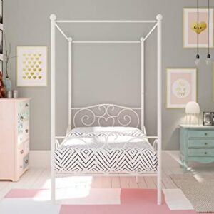 DHP Metal Canopy Kids Platform Bed with Four Poster Design, Scrollwork Headboard and Footboard, Underbed Storage Space, No Box Sring Needed, Twin, White