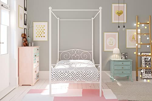 DHP Metal Canopy Kids Platform Bed with Four Poster Design, Scrollwork Headboard and Footboard, Underbed Storage Space, No Box Sring Needed, Twin, White