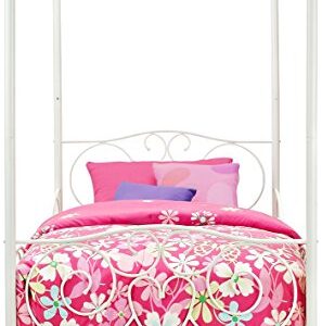 DHP Metal Canopy Kids Platform Bed with Four Poster Design, Scrollwork Headboard and Footboard, Underbed Storage Space, No Box Sring Needed, Twin, White