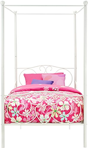 DHP Metal Canopy Kids Platform Bed with Four Poster Design, Scrollwork Headboard and Footboard, Underbed Storage Space, No Box Sring Needed, Twin, White