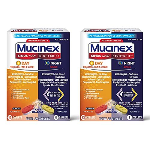 Maximum Strength Mucinex Sinus-Max Pressure, Pain & Cough & Nightshift Sinus Caplets, Fast Release, Powerful Multi-Symptom Relief, 20 caplets (12 Day time + 8 Night time) (Pack of 2)