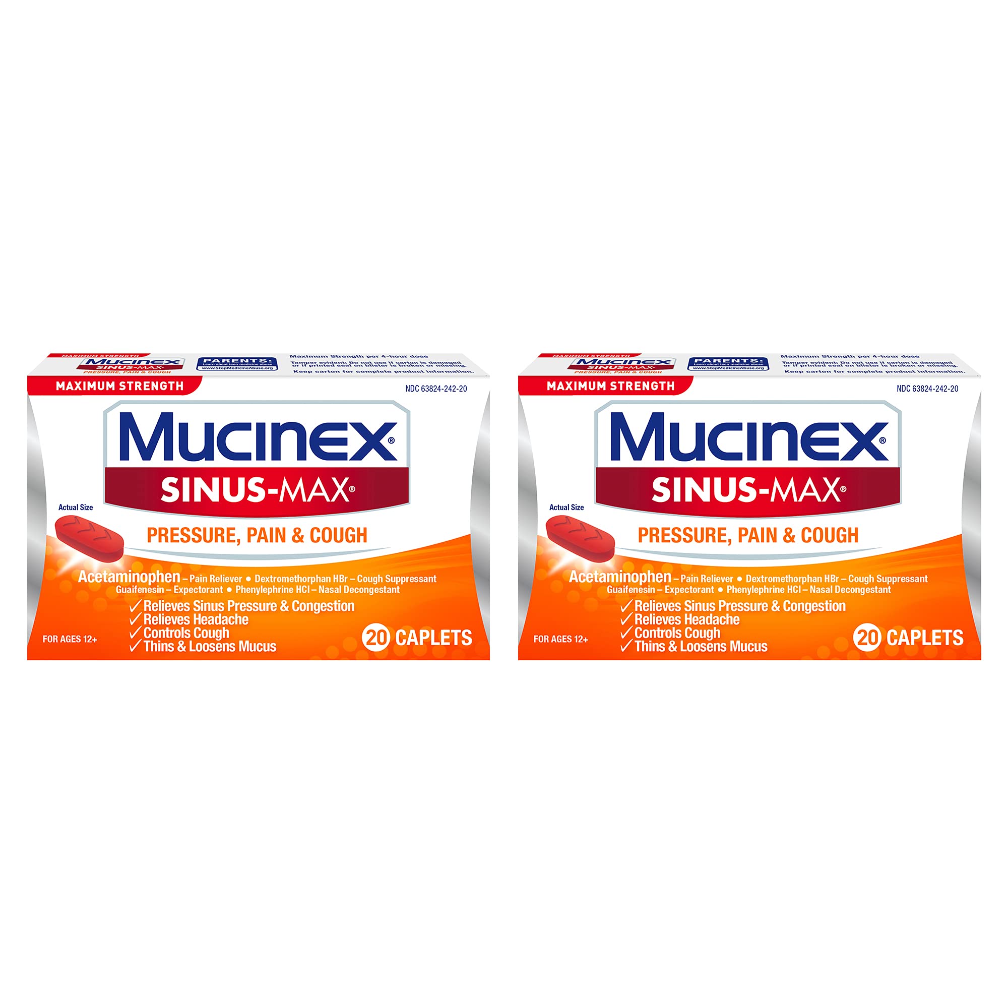 Mucinex Sinus-Max Pressure, Pain & Cough Max Strength-Sinus Pressure, Congestion & Headache Relief, Expectorant & Decongestant w/ Acetaminophen, Guaifenesin & Phenylephrine, 20 Count (Pack of 2)