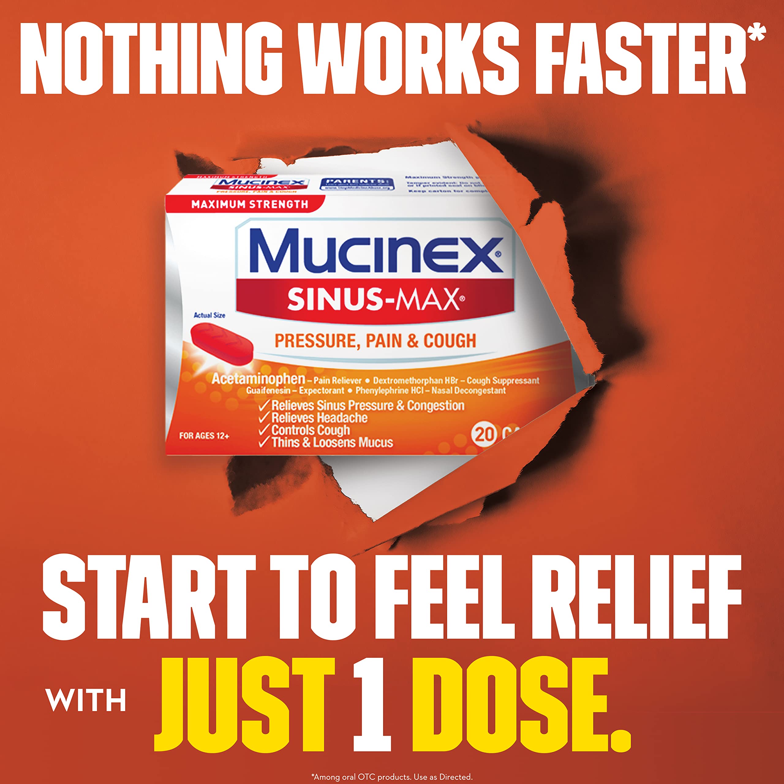 Mucinex Sinus-Max Pressure, Pain & Cough Max Strength-Sinus Pressure, Congestion & Headache Relief, Expectorant & Decongestant w/ Acetaminophen, Guaifenesin & Phenylephrine, 20 Count (Pack of 2)