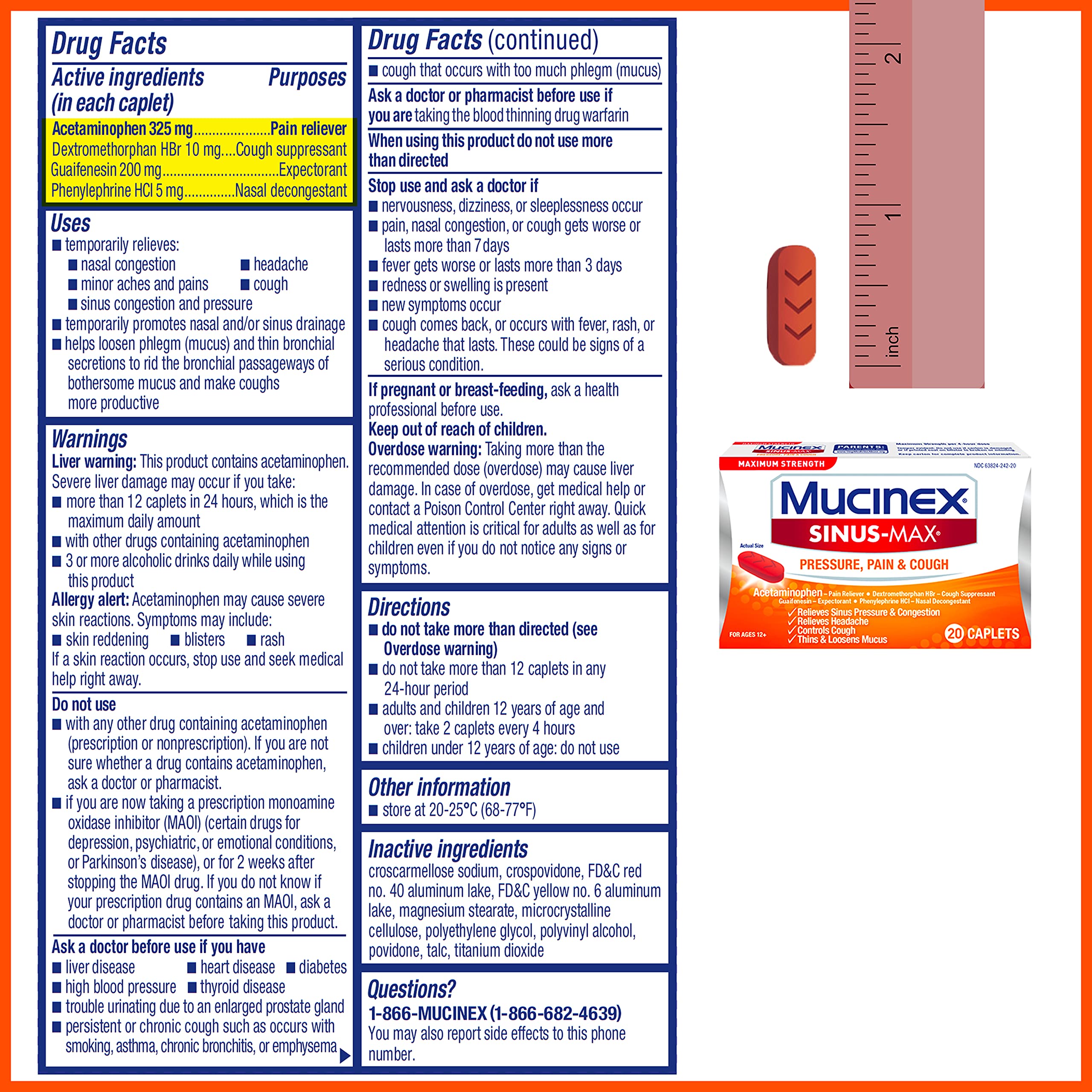 Mucinex Sinus-Max Maximum Strength for Pressure, Pain & Cough 20 ea ( Pack of 3)