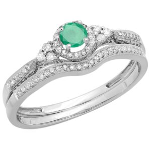 Dazzlingrock Collection 10K Round Emerald And White Diamond Ladies Halo Style Bridal Engagement Ring Set, White Gold, Size 6